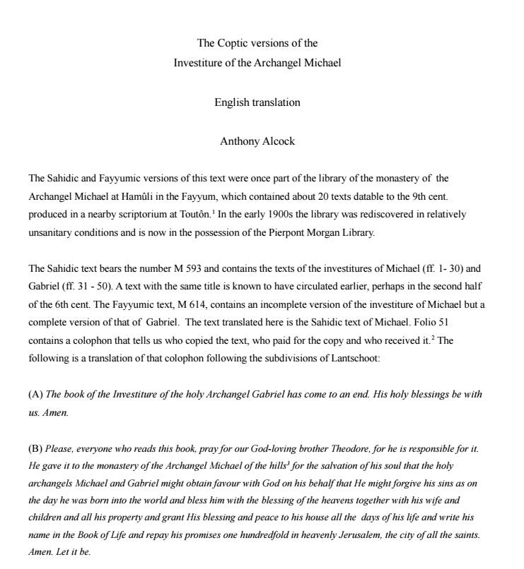 The Coptic Version of the Investiture of the Archangel Michael ...